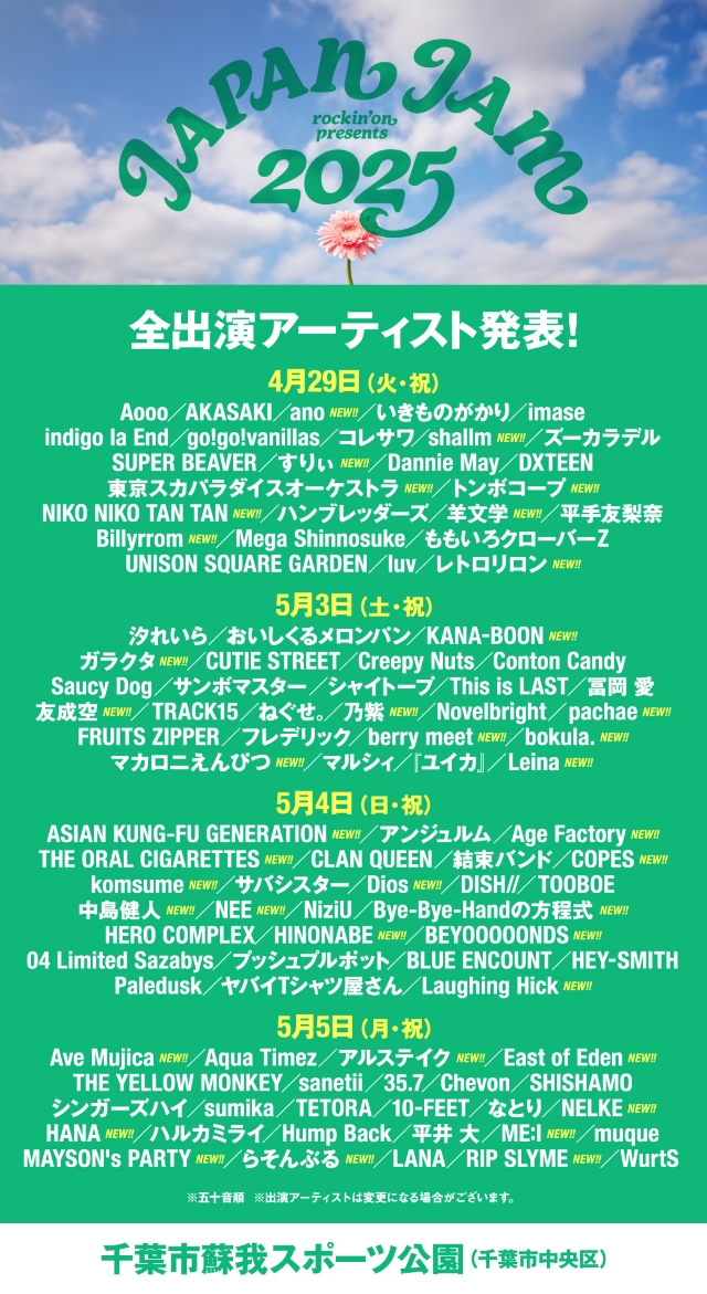 『JAPAN JAM 2025』第3弾出演アーティストにアジカン、中島健人、HANAら チケット第3次抽選先行も - Real Sound｜リアルサウンド